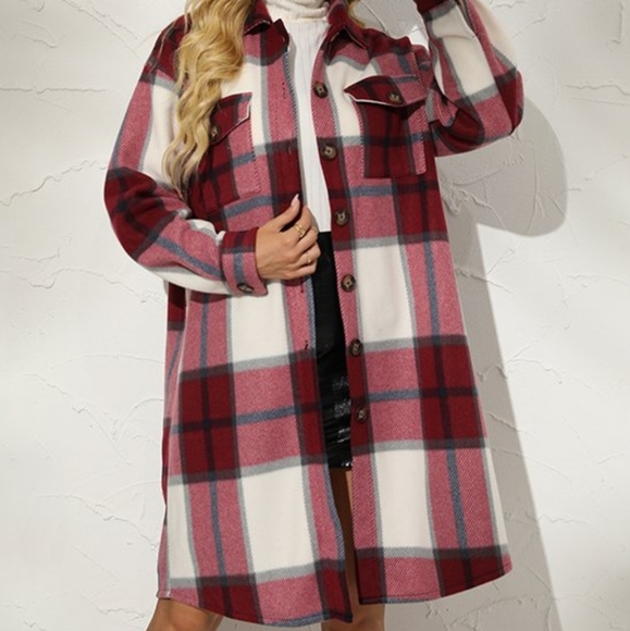 Jackets & Coats | Maroon Pink Ivory Plaid Longline Shacket | Poshmark